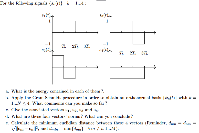 Solved For the following signals {sk(t)},k=1dots4 ﻿:a. ﻿What | Chegg.com
