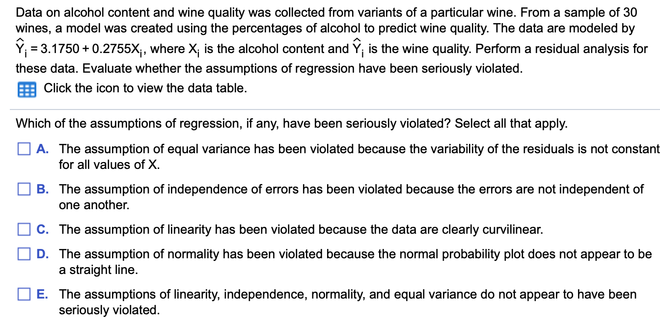 Solved Data on alcohol content and wine quality was | Chegg.com