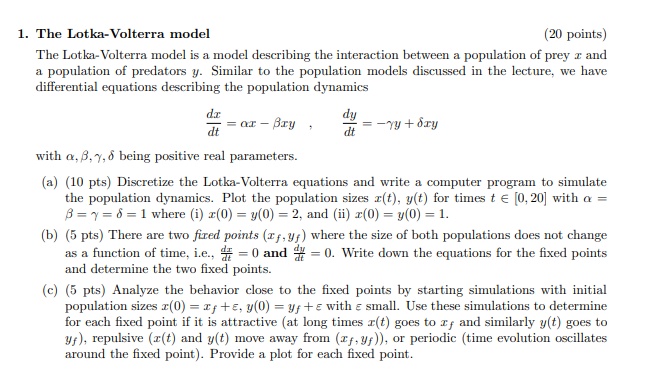 Solved The Lotka-Volterra model (20 points) The | Chegg.com