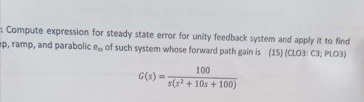 Solved Compute expression for steady state error for unity | Chegg.com