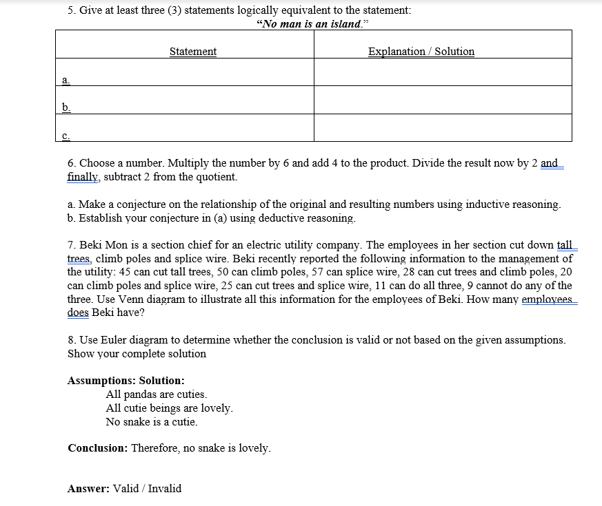 Solved 5. Give at least three (3) statements logically | Chegg.com