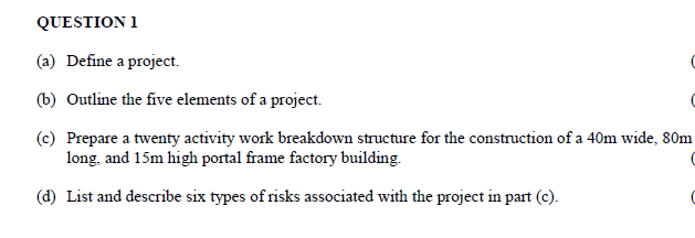 Solved QUESTION 1 (a) Define a project. (b) Outline the five | Chegg.com