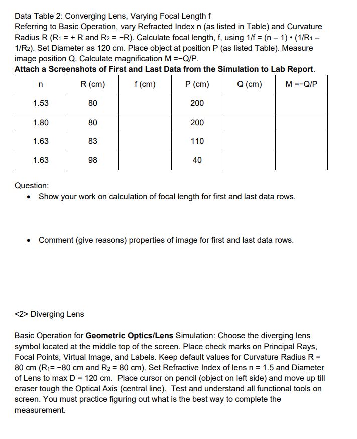 Solved Data Table 2: Converging Lens, Varying Focal Length f | Chegg.com