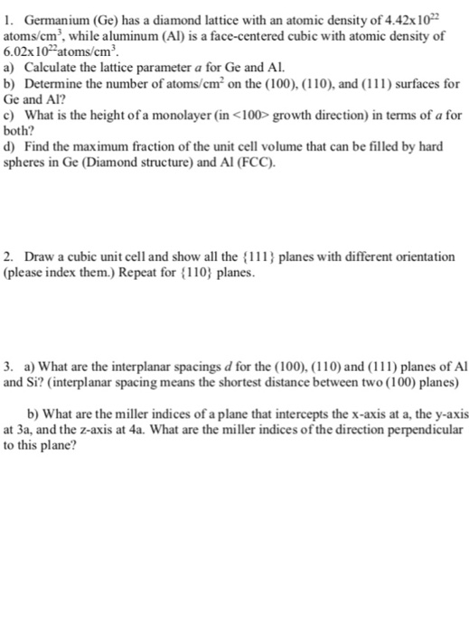 Solved 1. Germanium (Ge) has a diamond lattice with an | Chegg.com