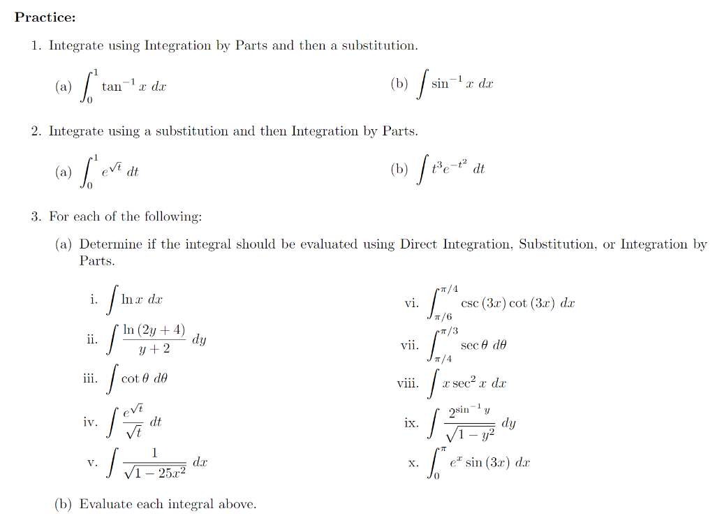Integration By Parts Worksheet