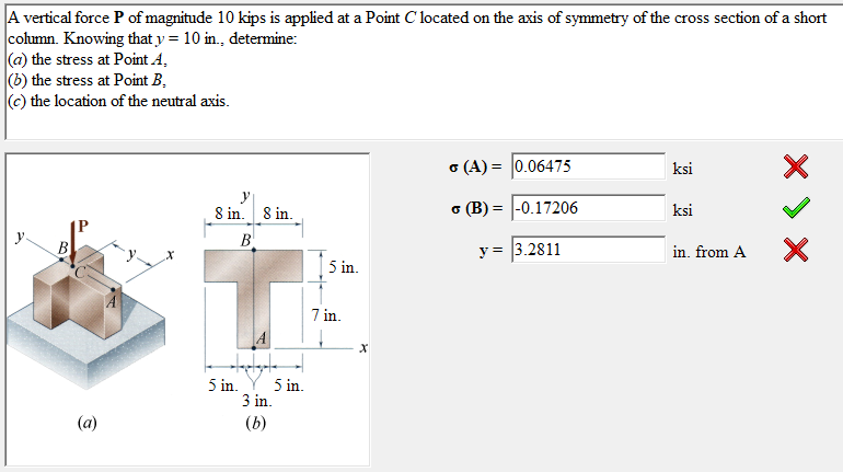 Solved A vertical force P of magnitude 10 kips is applied at | Chegg.com