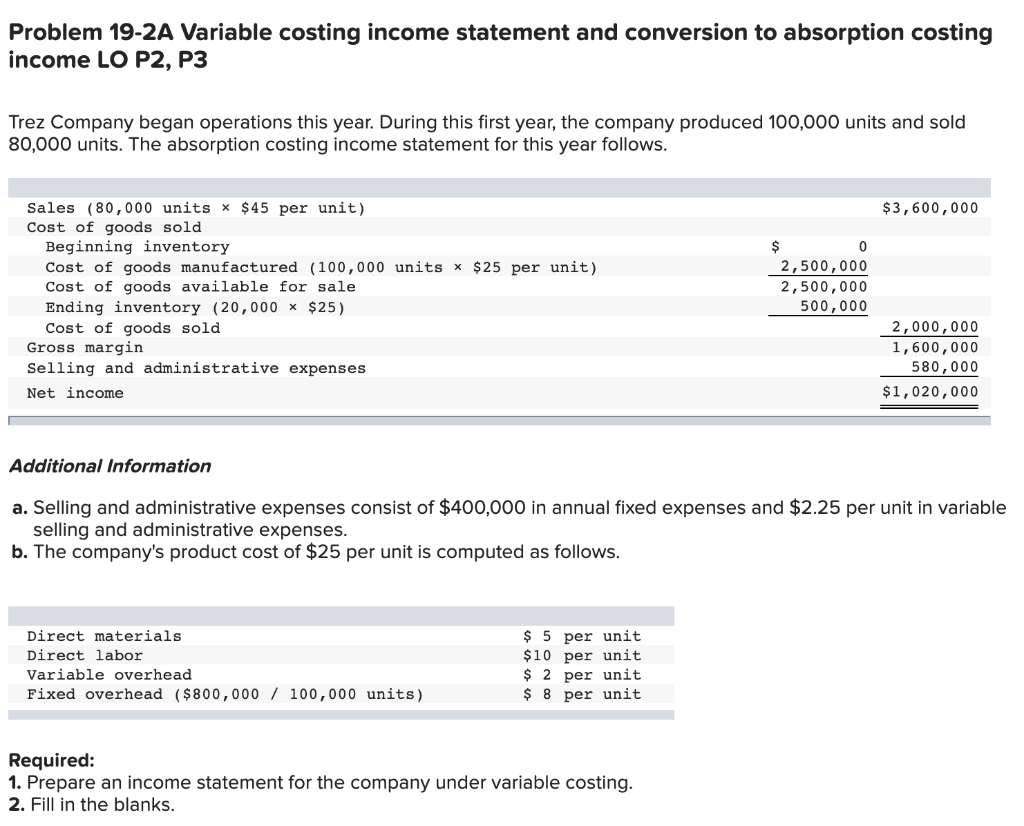 Solved Problem 19-2A Variable costing income statement and | Chegg.com