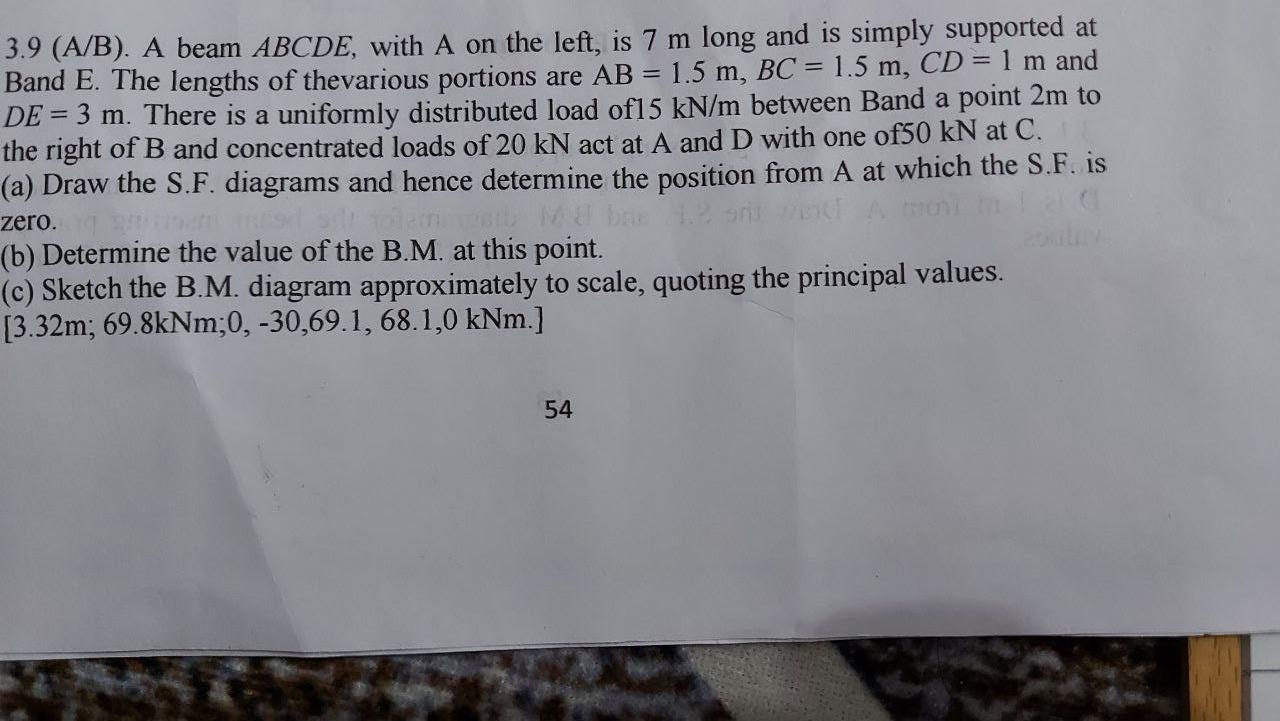 Solved = 3.9 (A/B). A beam ABCDE, with A on the left, is 7 m | Chegg.com