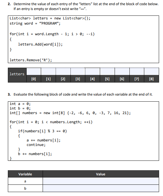 Solved 2. Determine the value of each entry of the "letters" | Chegg.com