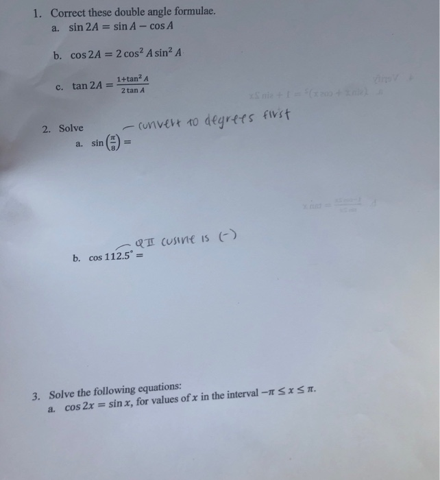 Solved 1. Correct these double angle formulae. a. sin 2A-sin | Chegg.com