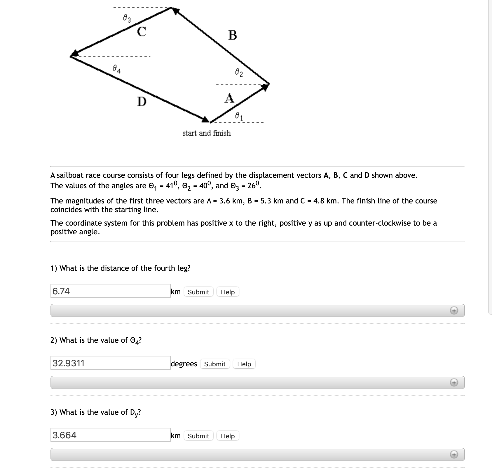 Solved A sailboat race course consists of four legs defined | Chegg.com