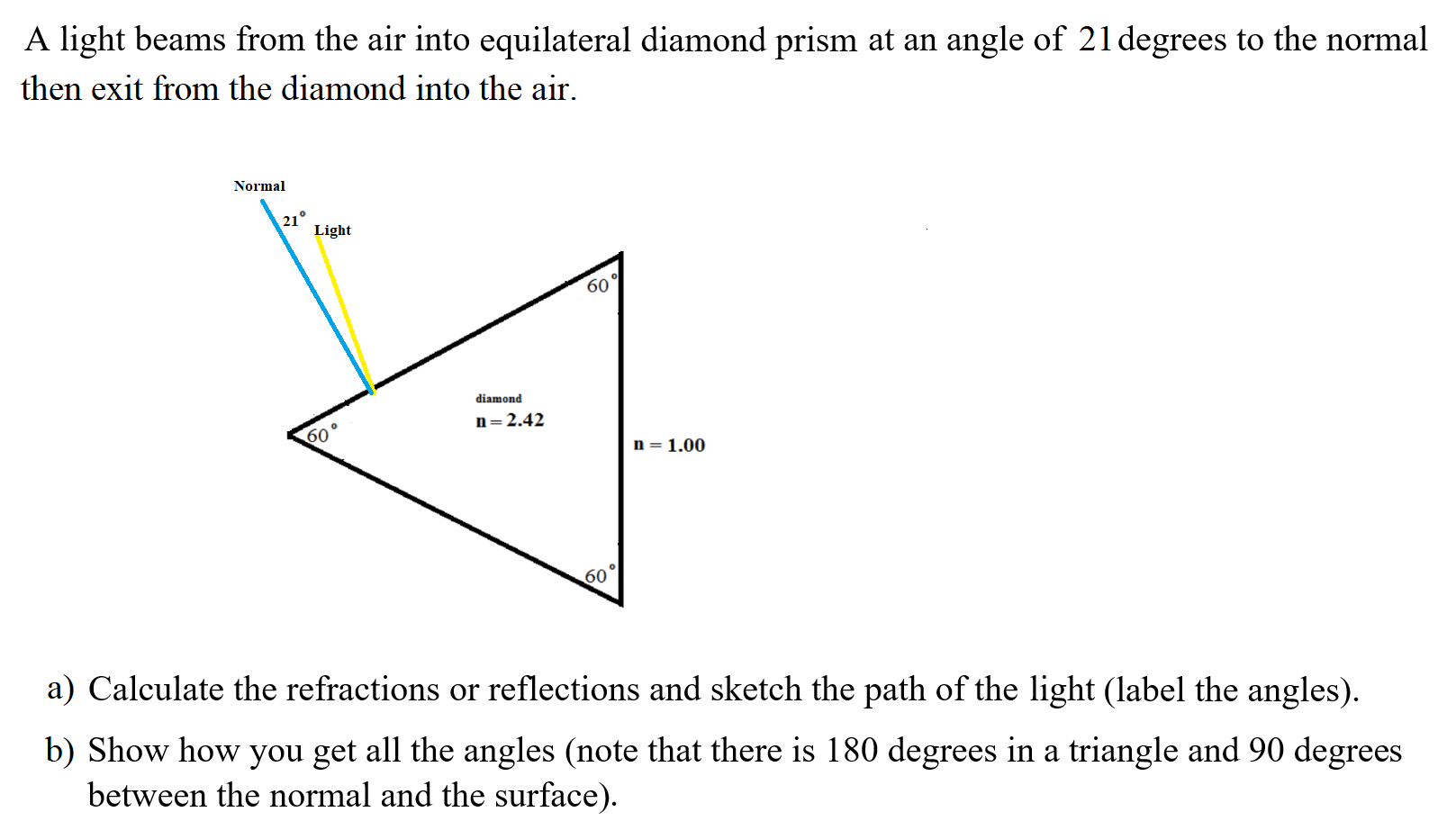 Solved A light beams from the air into equilateral diamond | Chegg.com