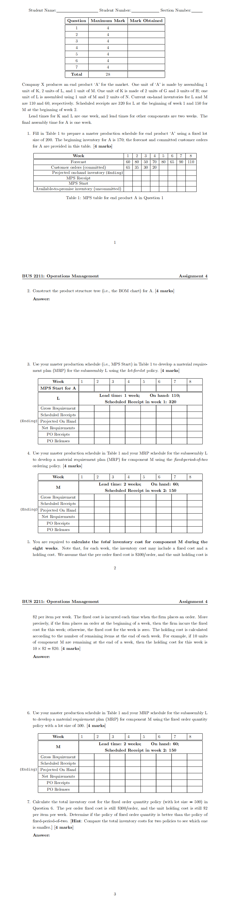 Student Name: Student Number: Section Number: | Chegg.com