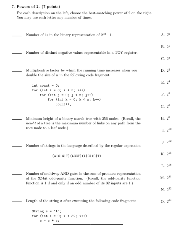 Solved 7. Powers of 2. (7 points) For each description on | Chegg.com