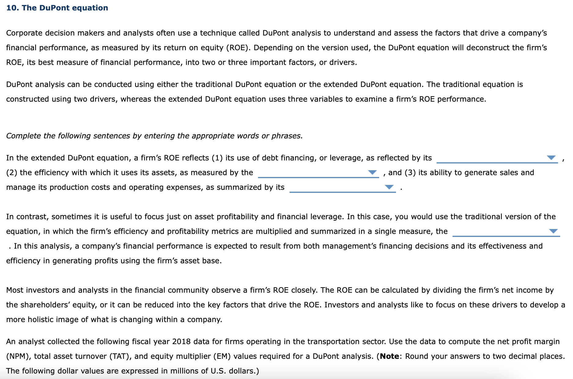 Solved 10. The DuPont equation Corporate decision makers and | Chegg.com