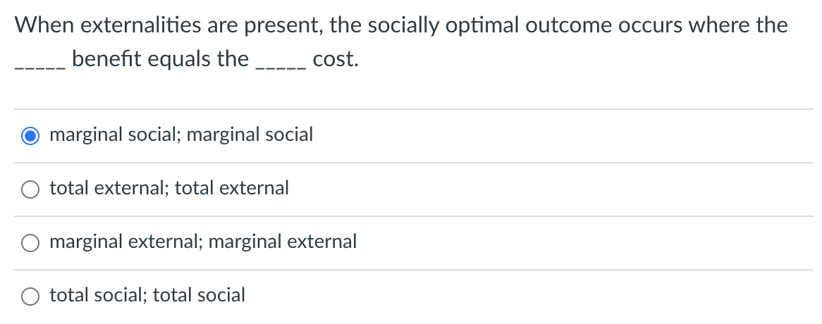 Solved When externalities are present, the socially optimal | Chegg.com