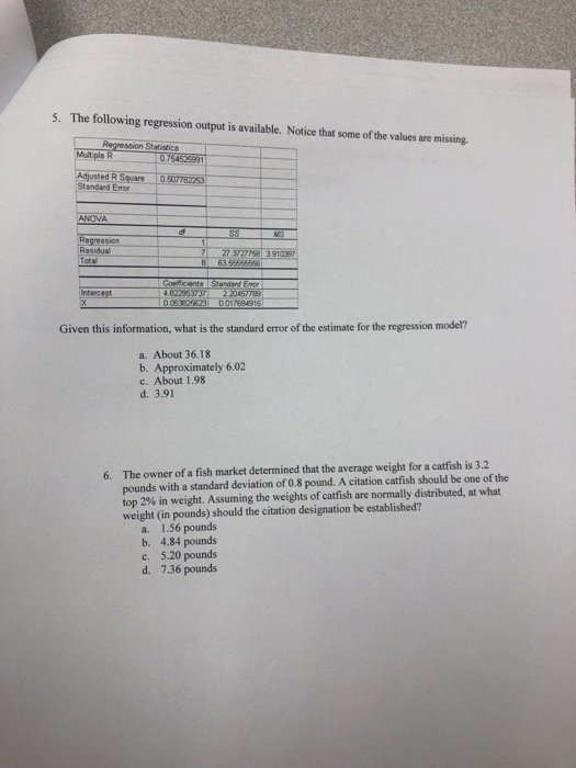 Solved 5. The following regression output is available. | Chegg.com