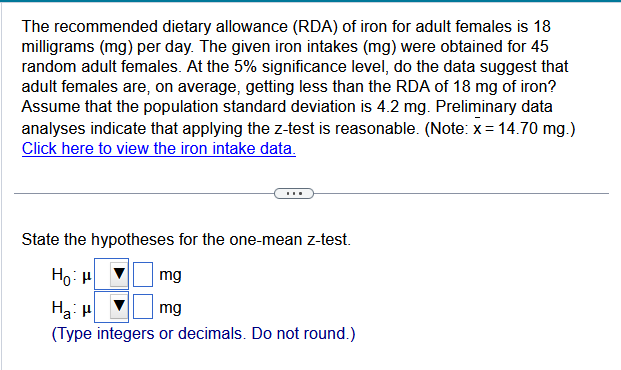 Solved The recommended dietary allowance (RDA) of iron for | Chegg.com