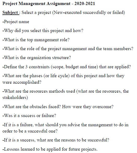 Solved Project Management Assignment - 2020-2021 Subject : | Chegg.com