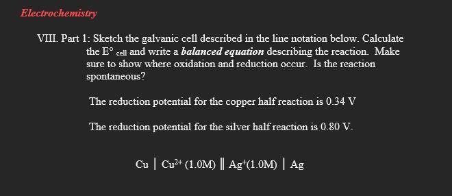 Solved Electrochemistry VIII. Part 1: Sketch the galvanic | Chegg.com