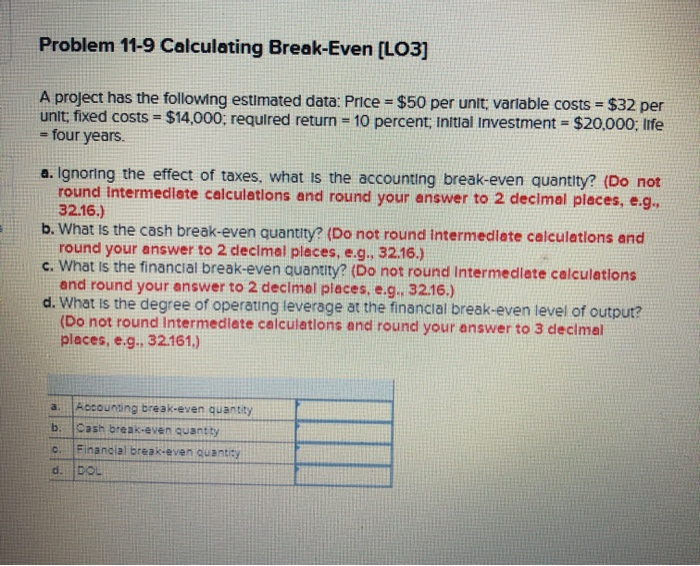 Solved Problem 11-9 Calculating Break-Even [LO3] A project | Chegg.com