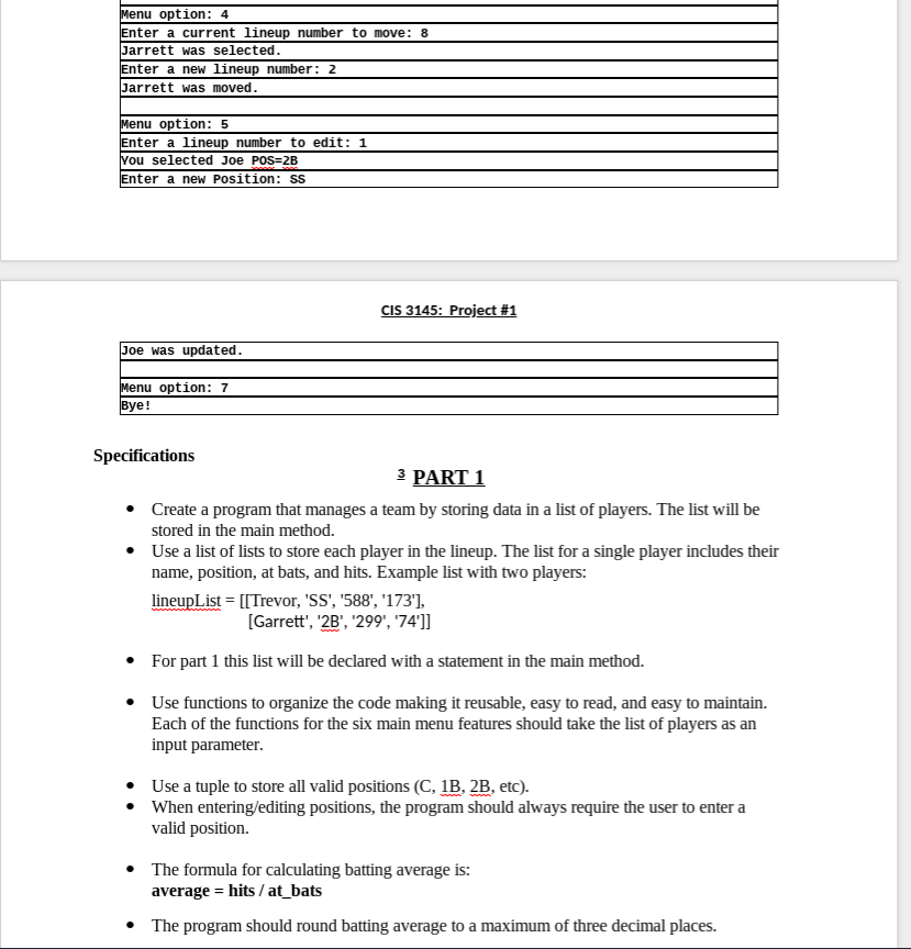 Solved 1 |A project to manage a baseball team's information | Chegg.com