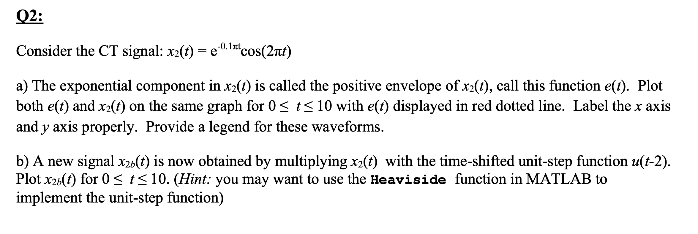 Q2:Consider the CT signal: x2(t)=e-0.1πtcos(2πt)a) | Chegg.com