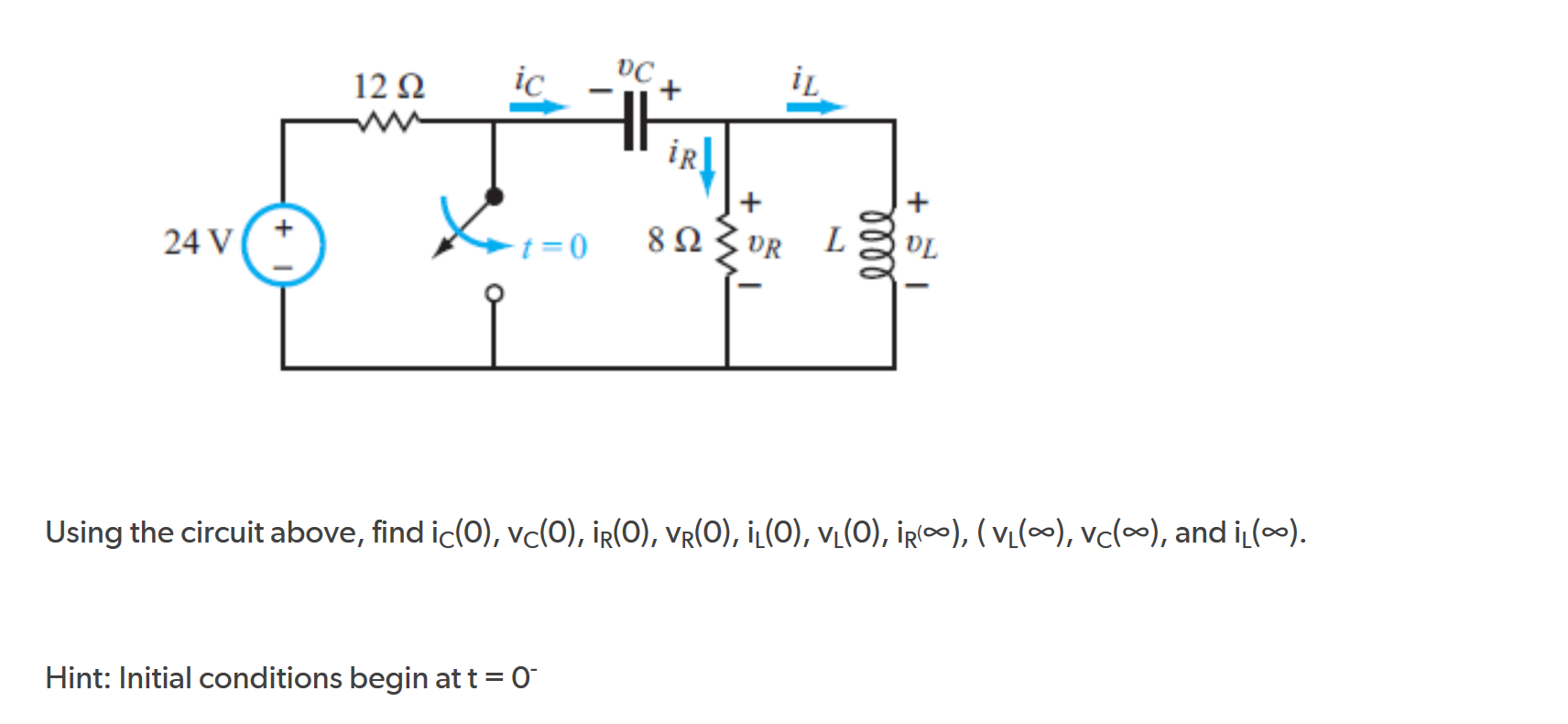 Solved Dс ic 12 Ω 8Ω υR L 24 V Using the circuit above, find | Chegg.com