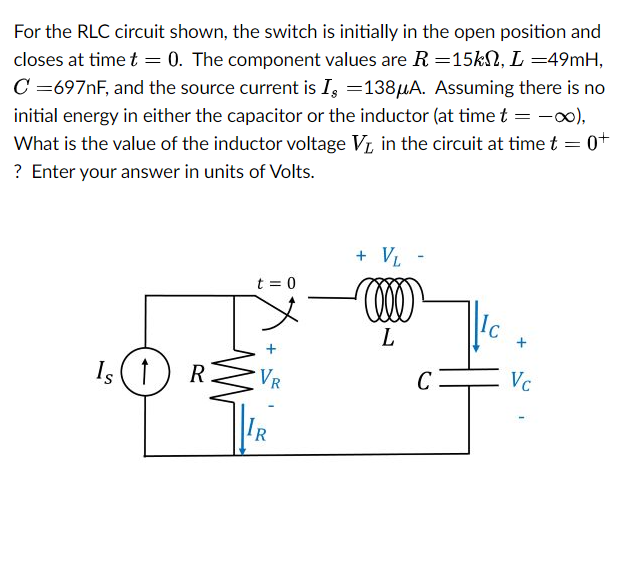 Solved For the RLC circuit shown, the switch is initially in | Chegg.com