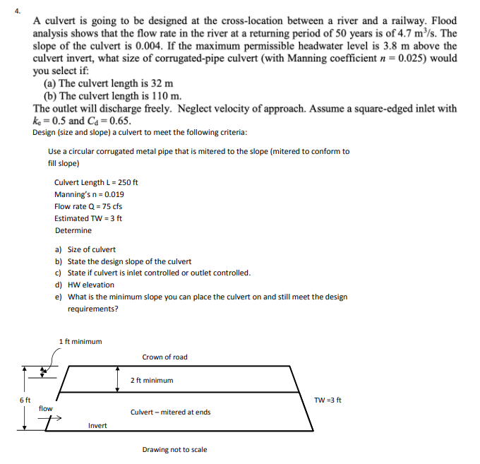 Solved A culvert is going to be designed at the | Chegg.com
