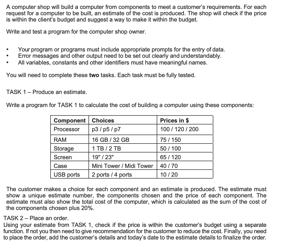 Solved A computer shop will build a computer from components | Chegg.com