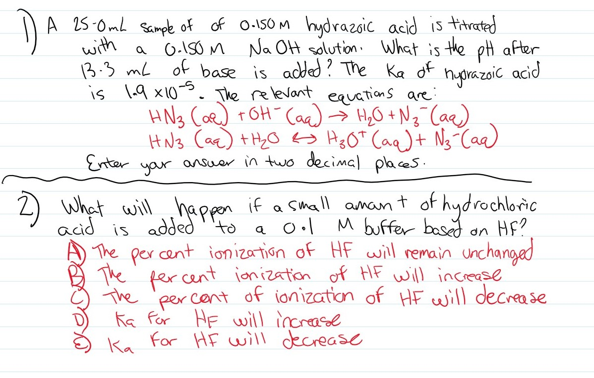 Solved A 250 mL sample of of 0.150 m hydrazoic acid is | Chegg.com