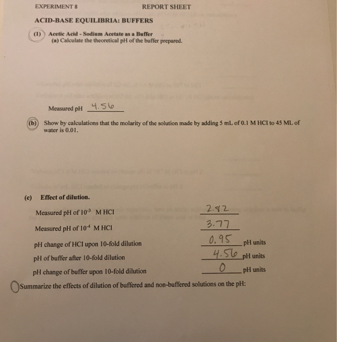 Solved EXPERIMENT 8 ACID-BASE EQUILIBRIA: BUFFERS (1)) | Chegg.com