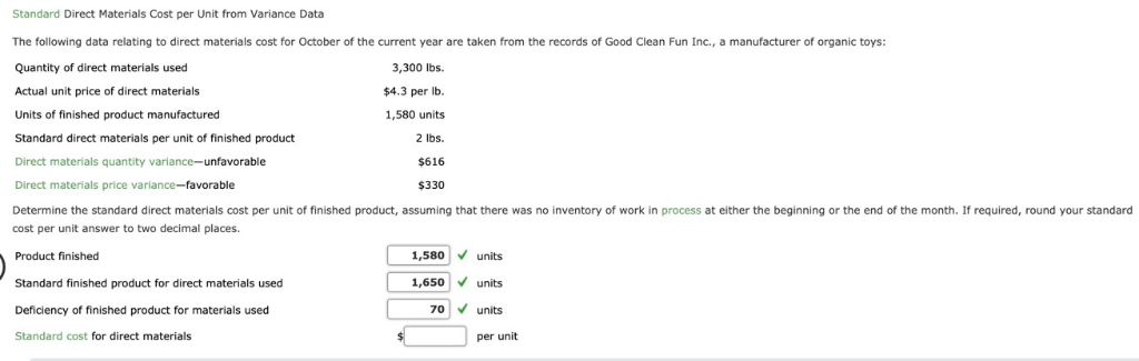 Solved Standard Direct Materials Cost per Unit from Variance | Chegg.com