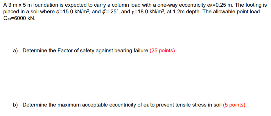 Solved A 3 mx 5 m foundation is expected to carry a column | Chegg.com