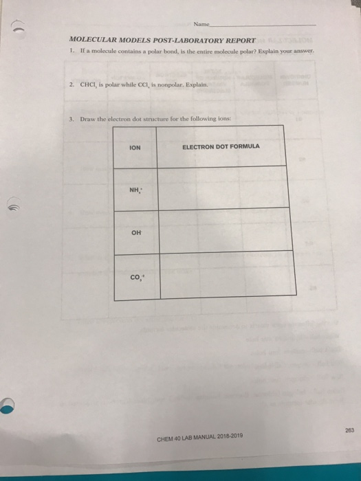 Solved Na MOLECULAR MODELS POST-LABORATORY REPORT 1. If a | Chegg.com
