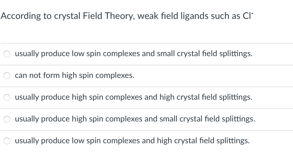 Solved According to crystal Field Theory, weak field ligands | Chegg.com