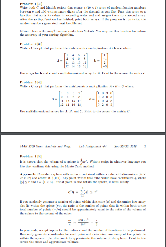 Solved Problem 1 40 Write both C and Matlab scripts that | Chegg.com