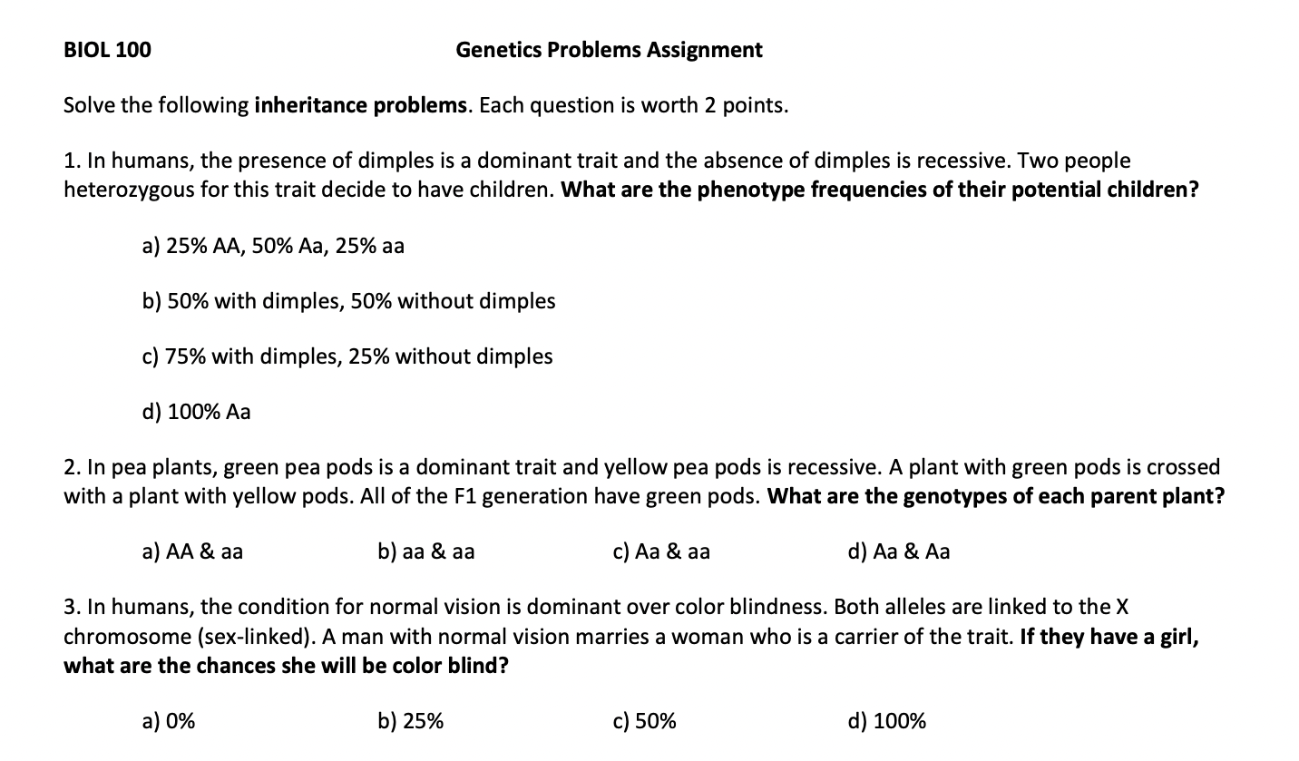 Solved BIOL 100 Genetics Problems Assignment Solve the | Chegg.com