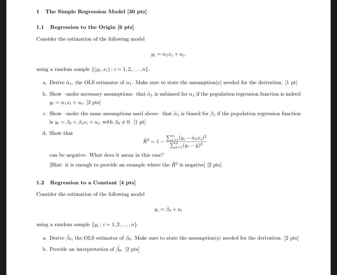Solved 1 The Simple Regression Model [30 pts] 1.1 Regression | Chegg.com
