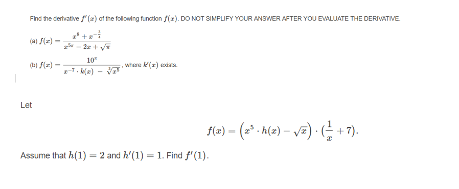 Solved Find the derivative f'(x) of the following function | Chegg.com