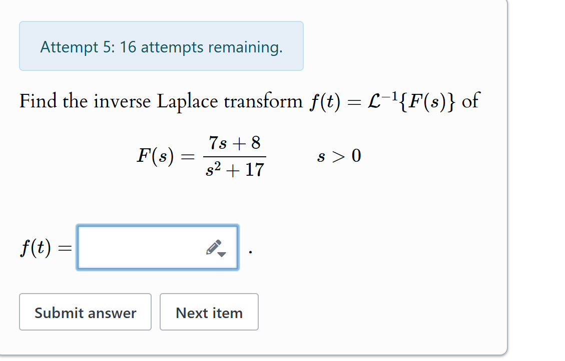 Solved Attempt 5: 16 ﻿attempts remaining.Find the inverse | Chegg.com