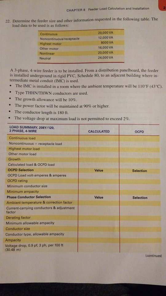 CHAPTERS Feeder Load Calculation and installation The | Chegg.com
