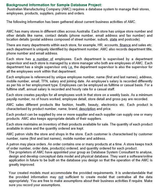 Solved Background Information for Sample Database Project: | Chegg.com