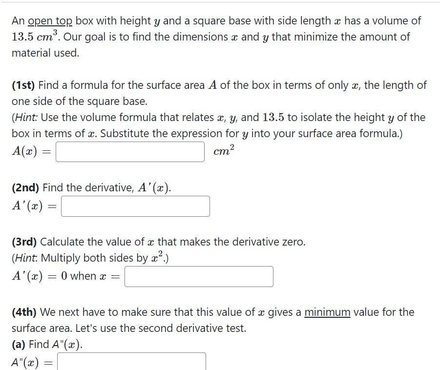 Solved An open top box with height y and a square base with | Chegg.com