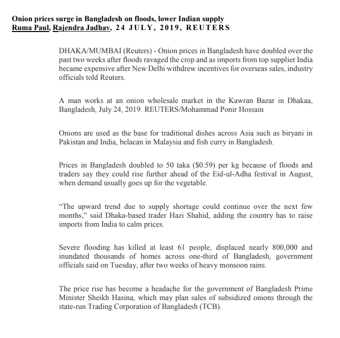 Solved Onion prices surge in Bangladesh on floods, lower | Chegg.com