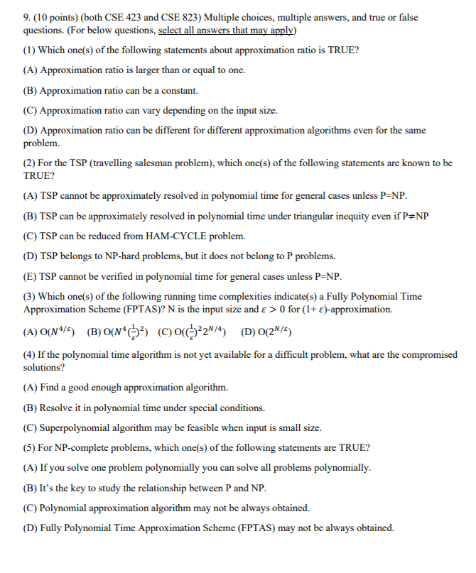 Solved 9.(10 points) (both CSE 423 and CSE 823) Multiple | Chegg.com
