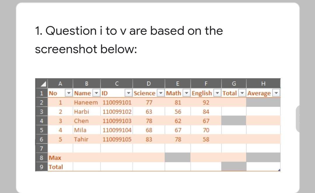 Solved i. Write a formula to calculate average marks of | Chegg.com