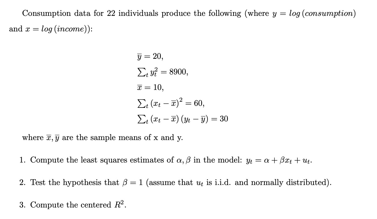 Solved Consumption data for 22 individuals produce the | Chegg.com