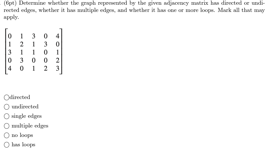 Solved (6pt) Determine whether the graph represented by the | Chegg.com